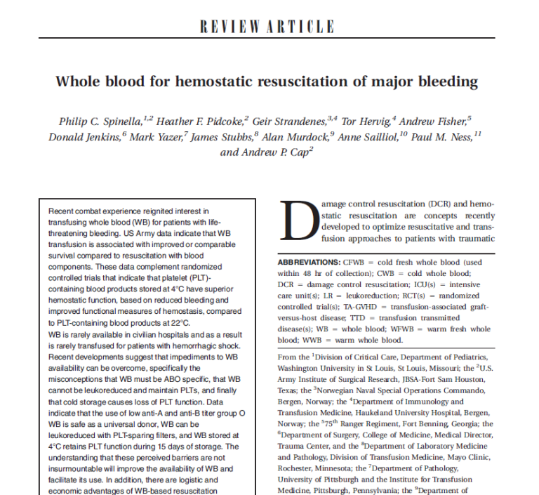 Whole blood for hemostatic resuscitation of major bleeding